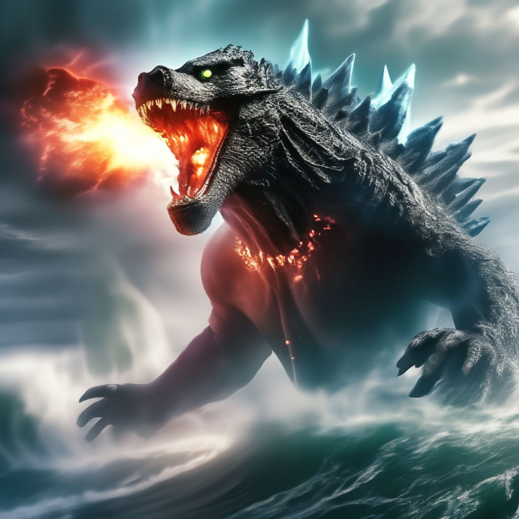 "Terrifying monstrous Godzilla comes out of the sea and spews a plasma ...