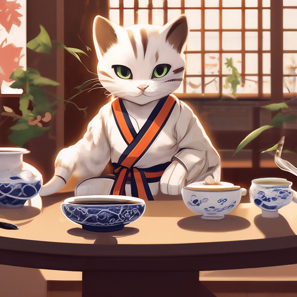 "A striped Siamese cat, dressed in a kung fu-inspired outfit ...