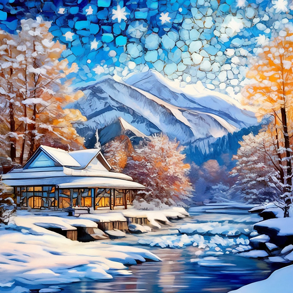 "In the zentangle technique, colorful bright mountains, river, house ...
