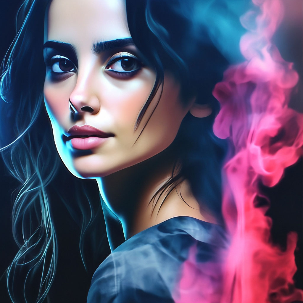 "Beautiful girl, expressive eyes, sweet smile, black background, smoke ...