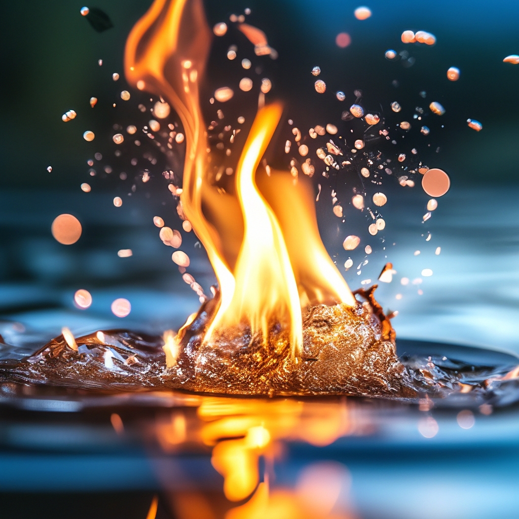 "Fire against water, 4k, professional photo, 30mm lens, 1/250s, f/2.8 ...