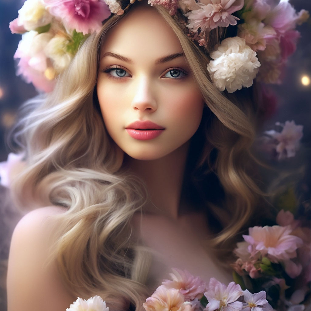 "A very beautiful sophisticated girl, hair made of flowers, lots of ...