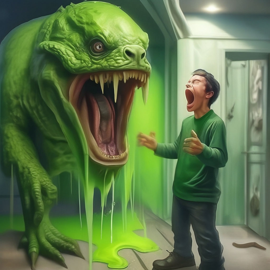"A strange monster is dripping green saliva from his mouth and a man is ...