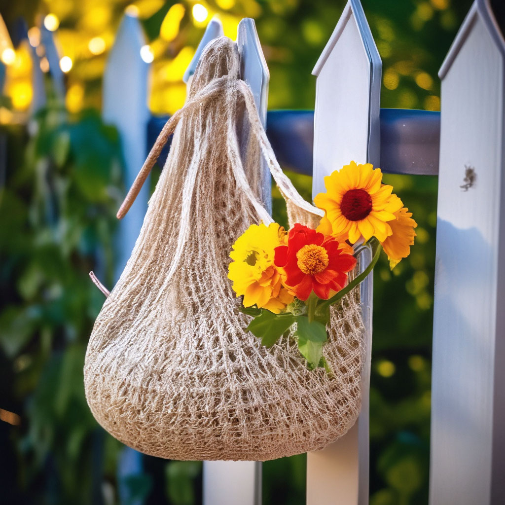 "Hanging string bag on the fence, flowers in it, beautiful ...