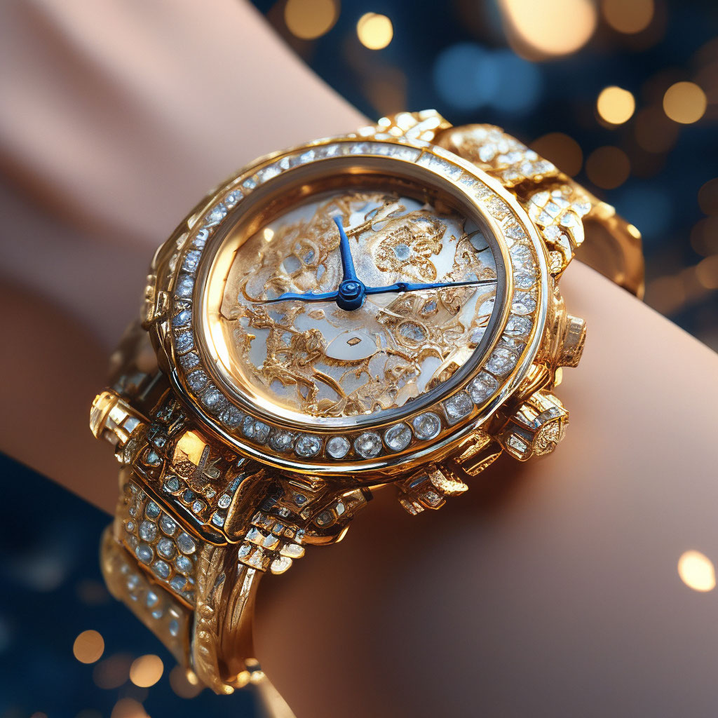 "Measuring time gold watch on hand, decorated with diamonds, filigree ...