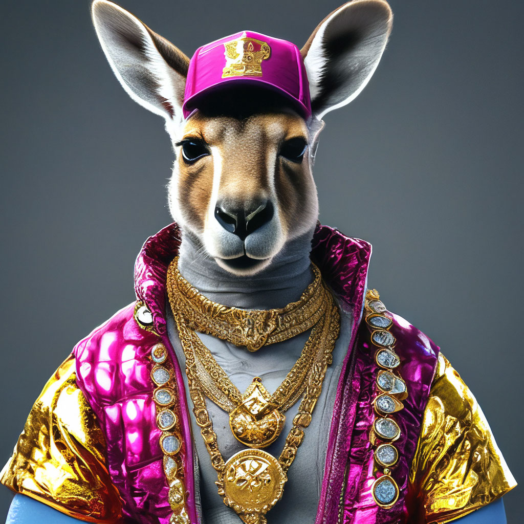 "Kangaroo rapper with a cap on his neck gold chains, ruby sports pants ...