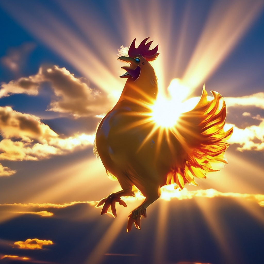 "Good morning! The sun in the shape of a rooster runs across the sky ...
