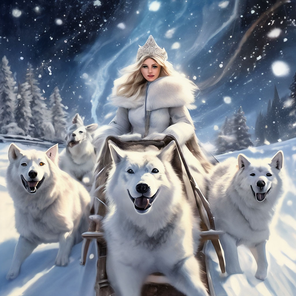 "Sleigh, team, white dogs, snow queen, view from afar, in a white fur ...