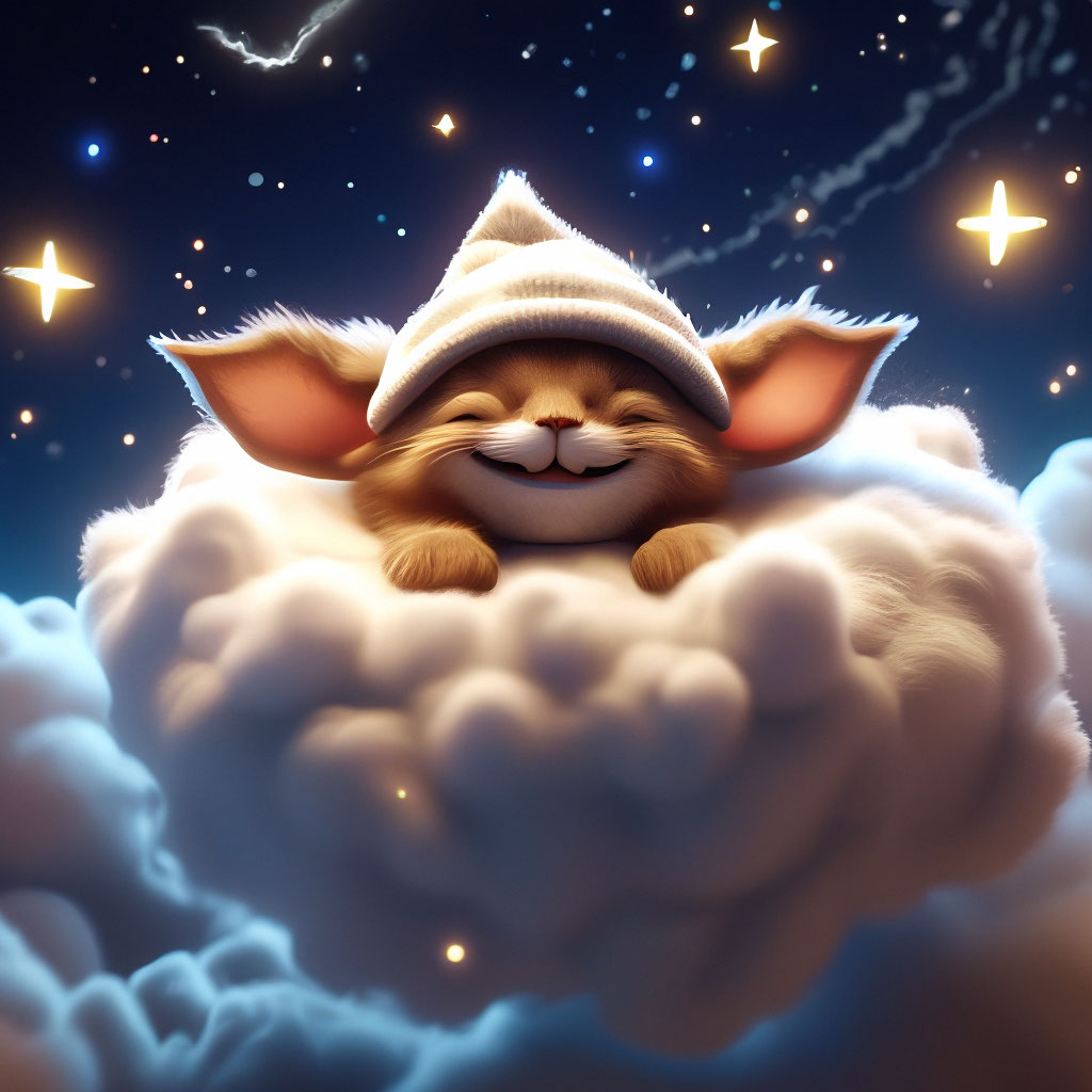 "Night, cute fluffy smiling brown gremlin, night cap, sleeping sweetly ...