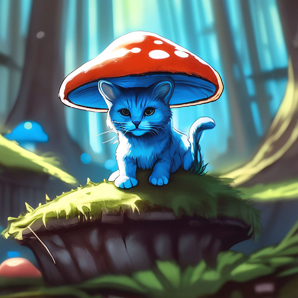"Draw a smurf cat in the forest with a mushroom on its head" — image ...