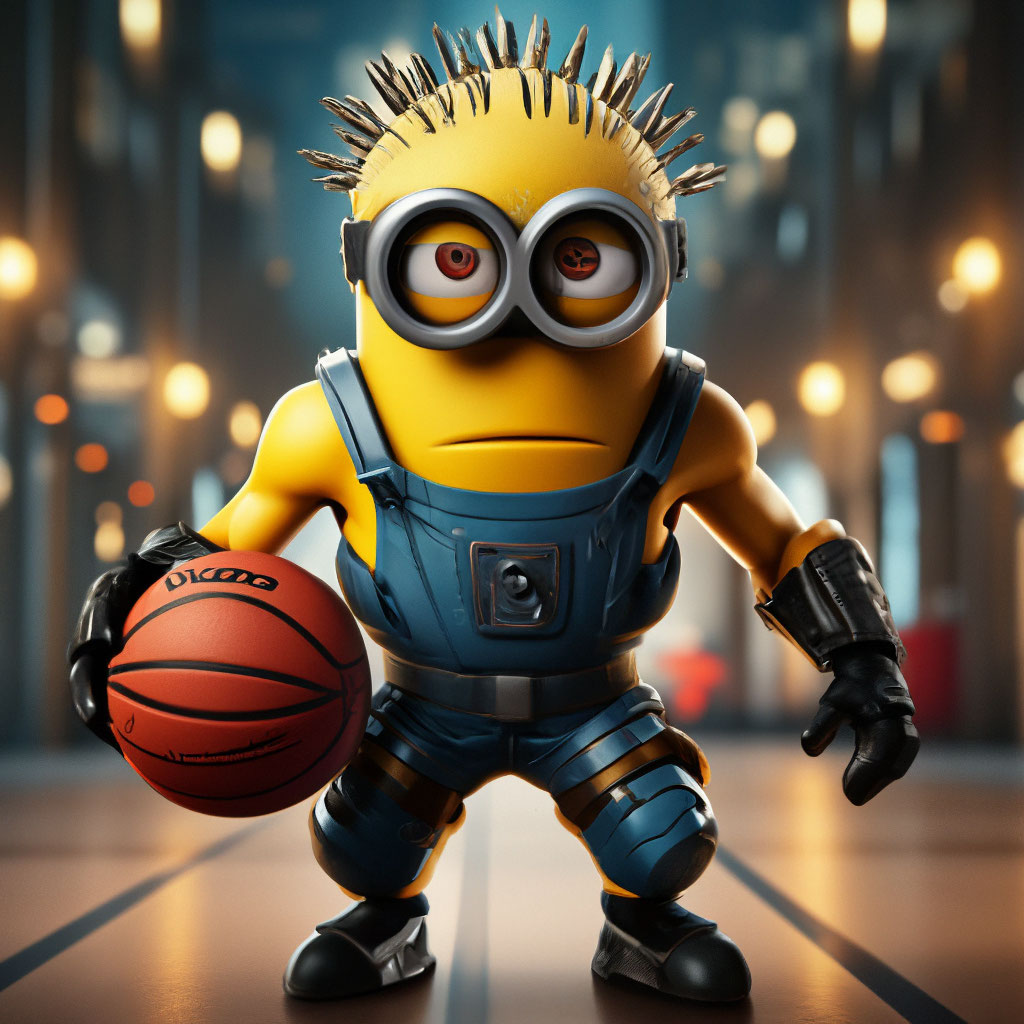 "A pumped-up minion is playing basketball" — image created in Shedevrum