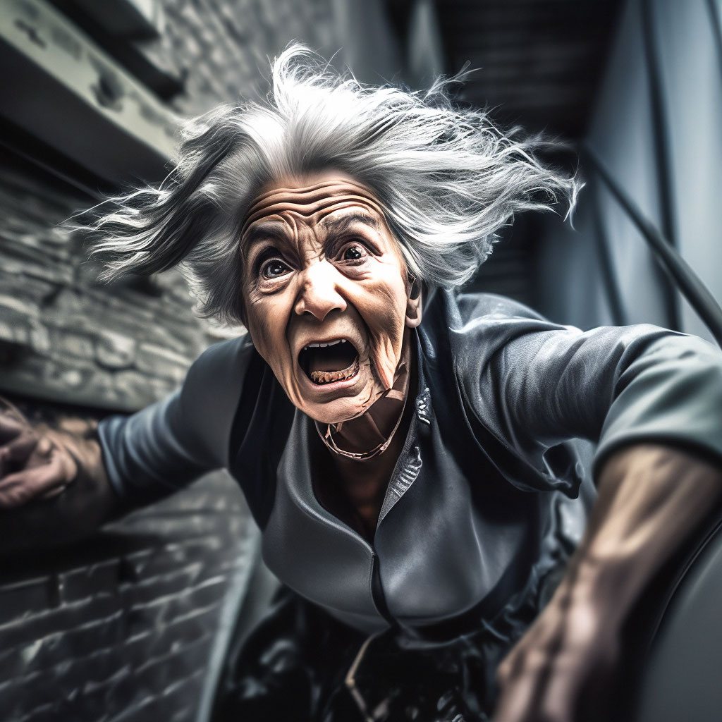 "Crazy terrible crazy with disheveled hair very scary granny climbs the ...