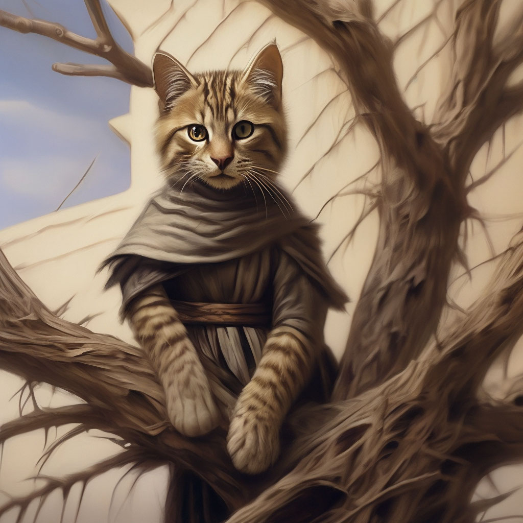 "Cat bayun on a dry tree horror realism Middle Ages" — image created in ...