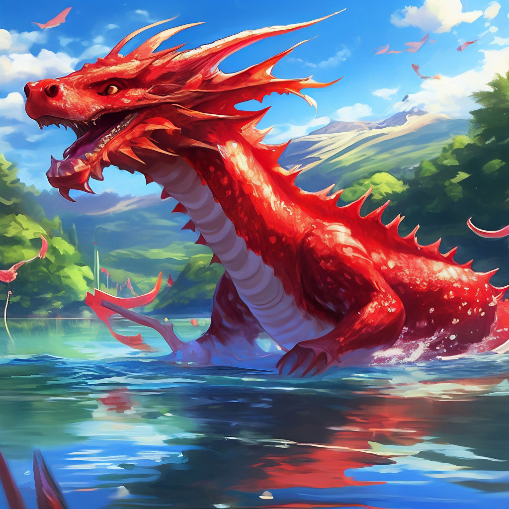 "Kind, red dragon, swimming in the lake, anime style, high detail, high ...
