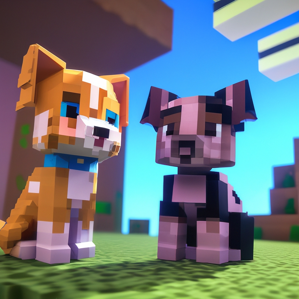 "A kitten and a puppy, in the style of minecraft" — image created in ...
