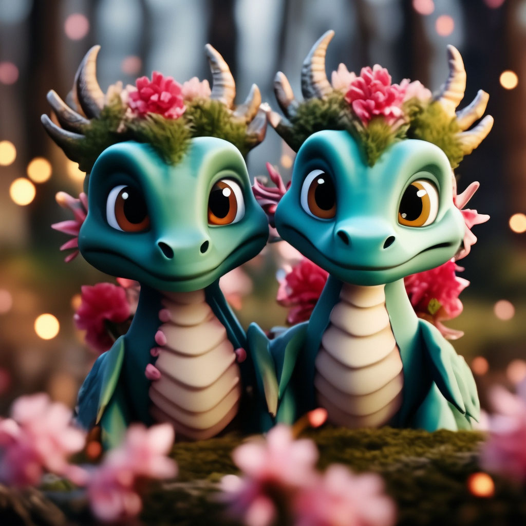 "Two cute cartoon dragons with big kind eyes and long eyelashes in ...