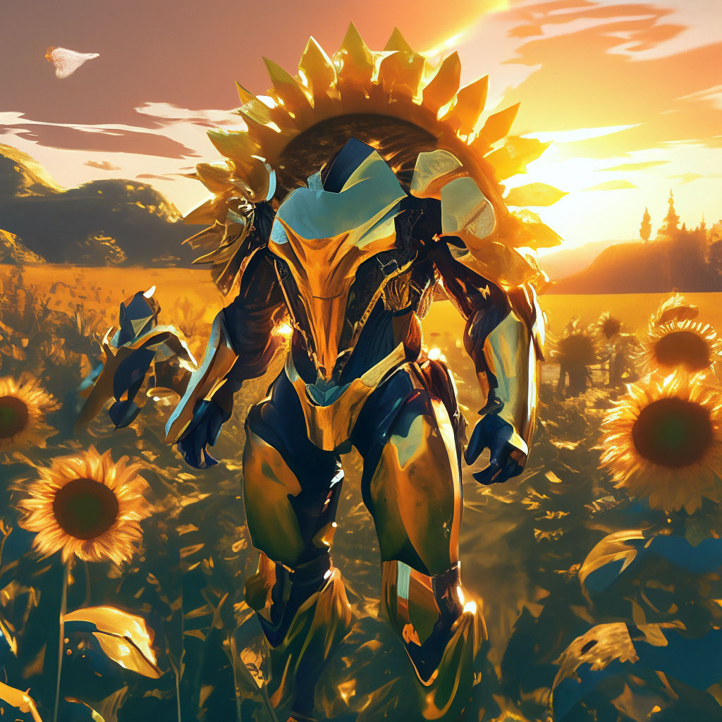 "The sun in armor + defenders sunflowers in the field +crimson golden ...
