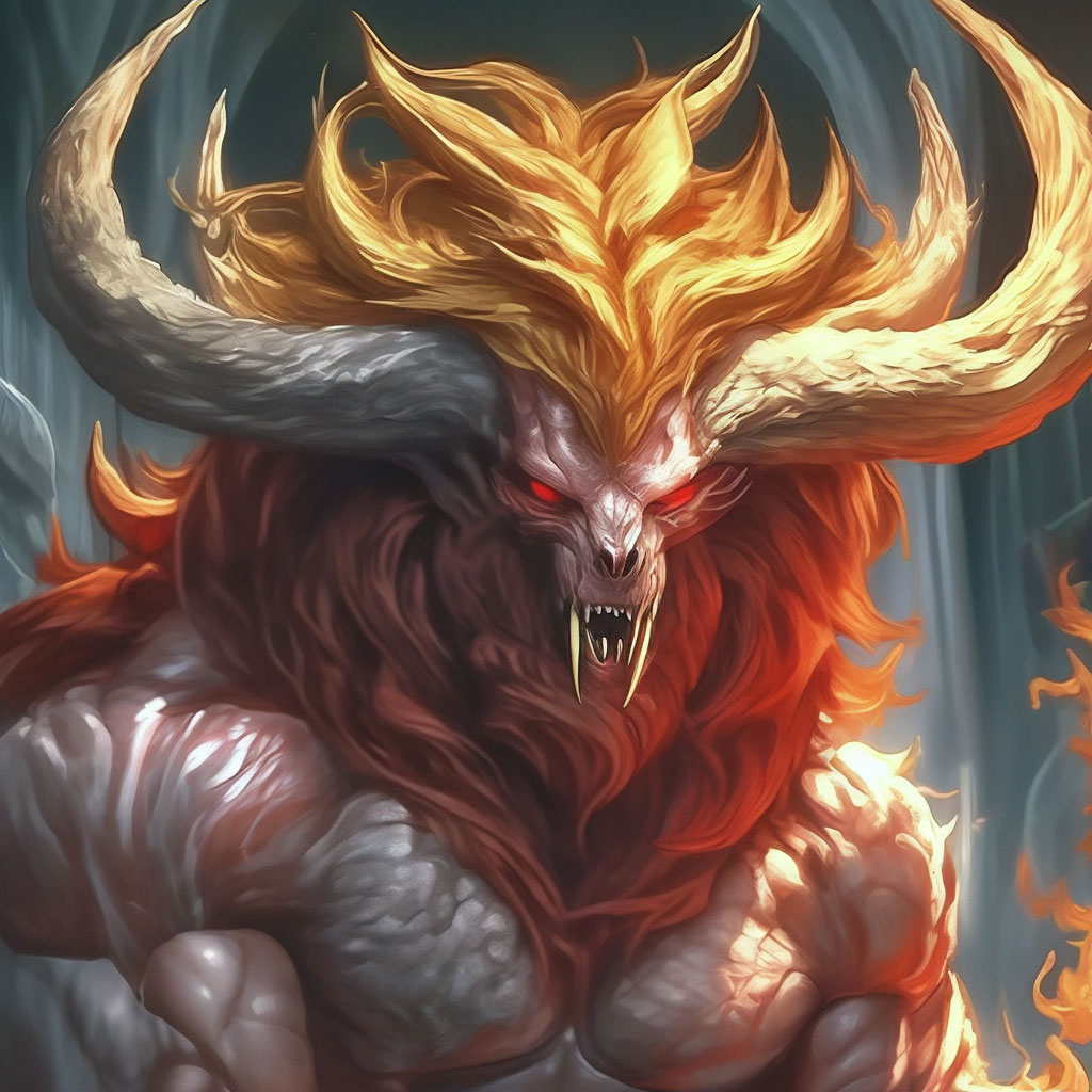 "Huge thick muscular red demon, big long horns, lush mane of golden ...