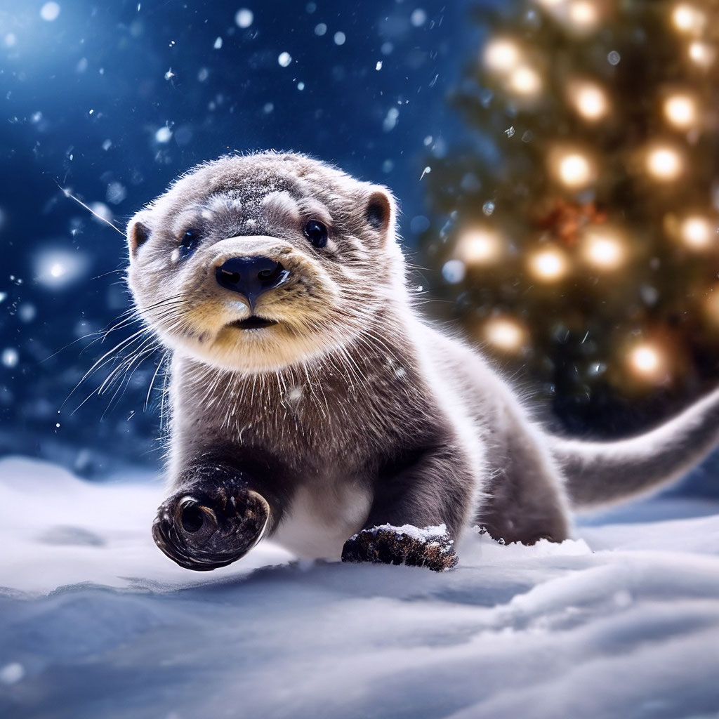 "Otter Realistic baby silver otter, night, Christmas tree on the ...