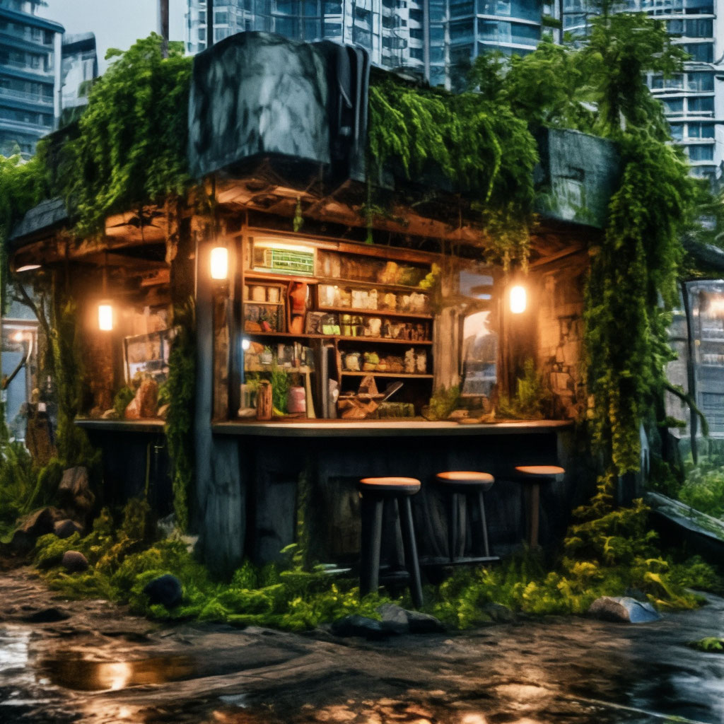 "Overgrown bar post-apocalypse city is gloomy a lot of small details ...