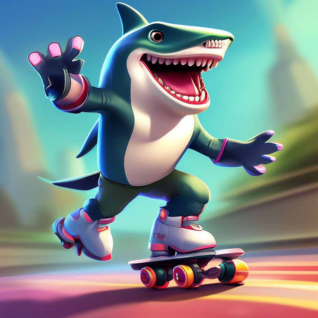 "Talking shark rides roller skates" — image created in Shedevrum