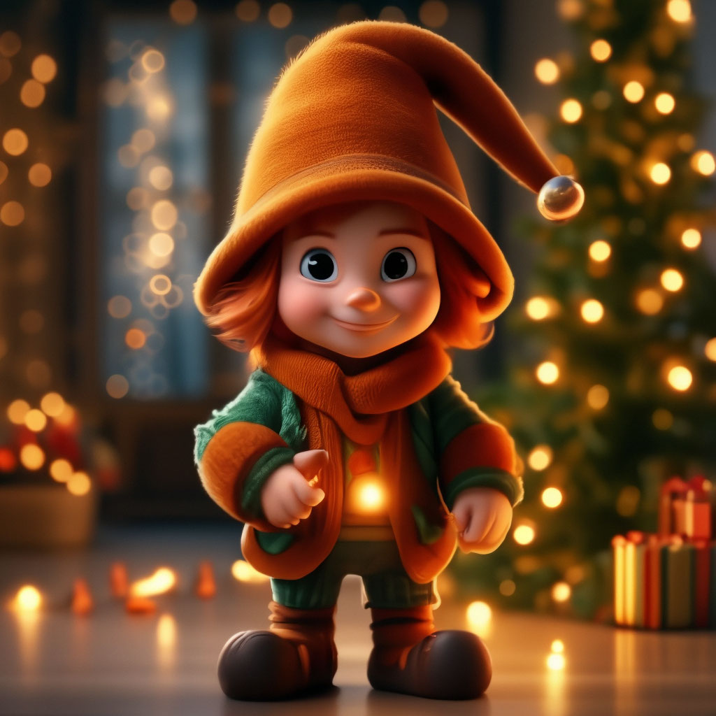 "A dwarf in an orange hat, standing under a Christmas tree decorated ...
