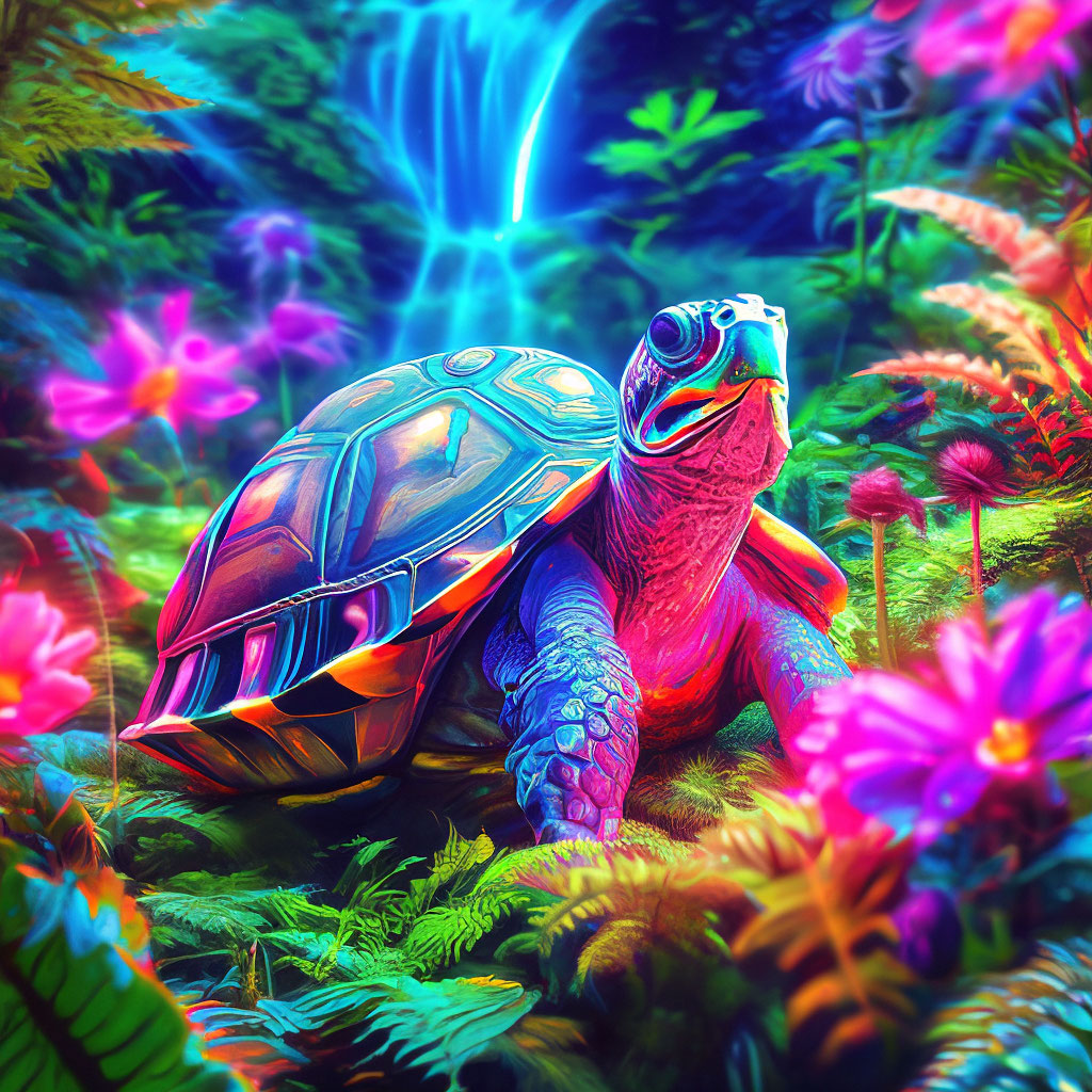 "Neon turtle among ferns and flowers, hyper detail, illumination ...