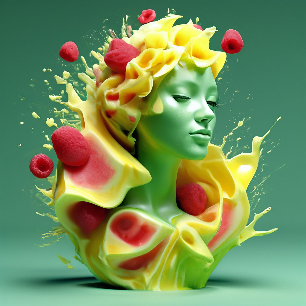 "3d model, indeterminate shape, female face, fractal and splashes ...