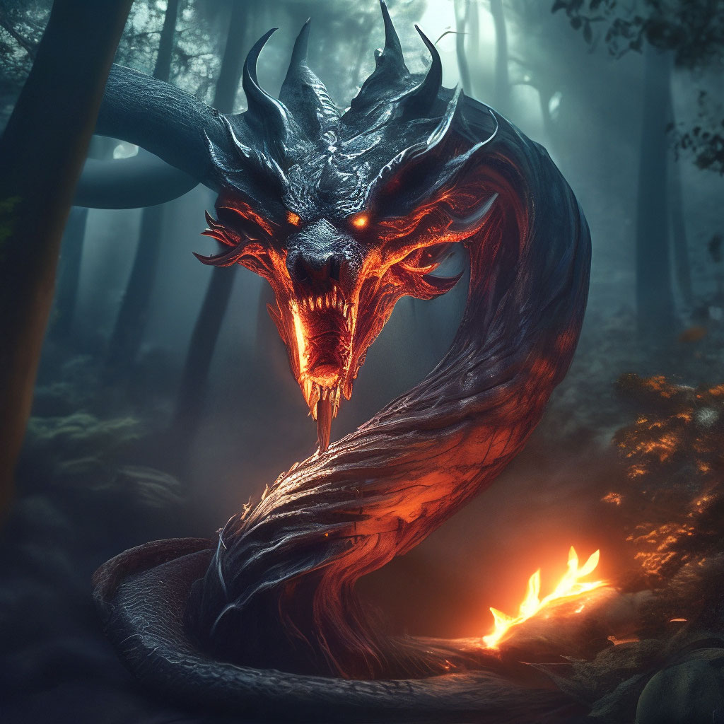 "Huge furious demonically fiery serpent in a magical forest, horror ...