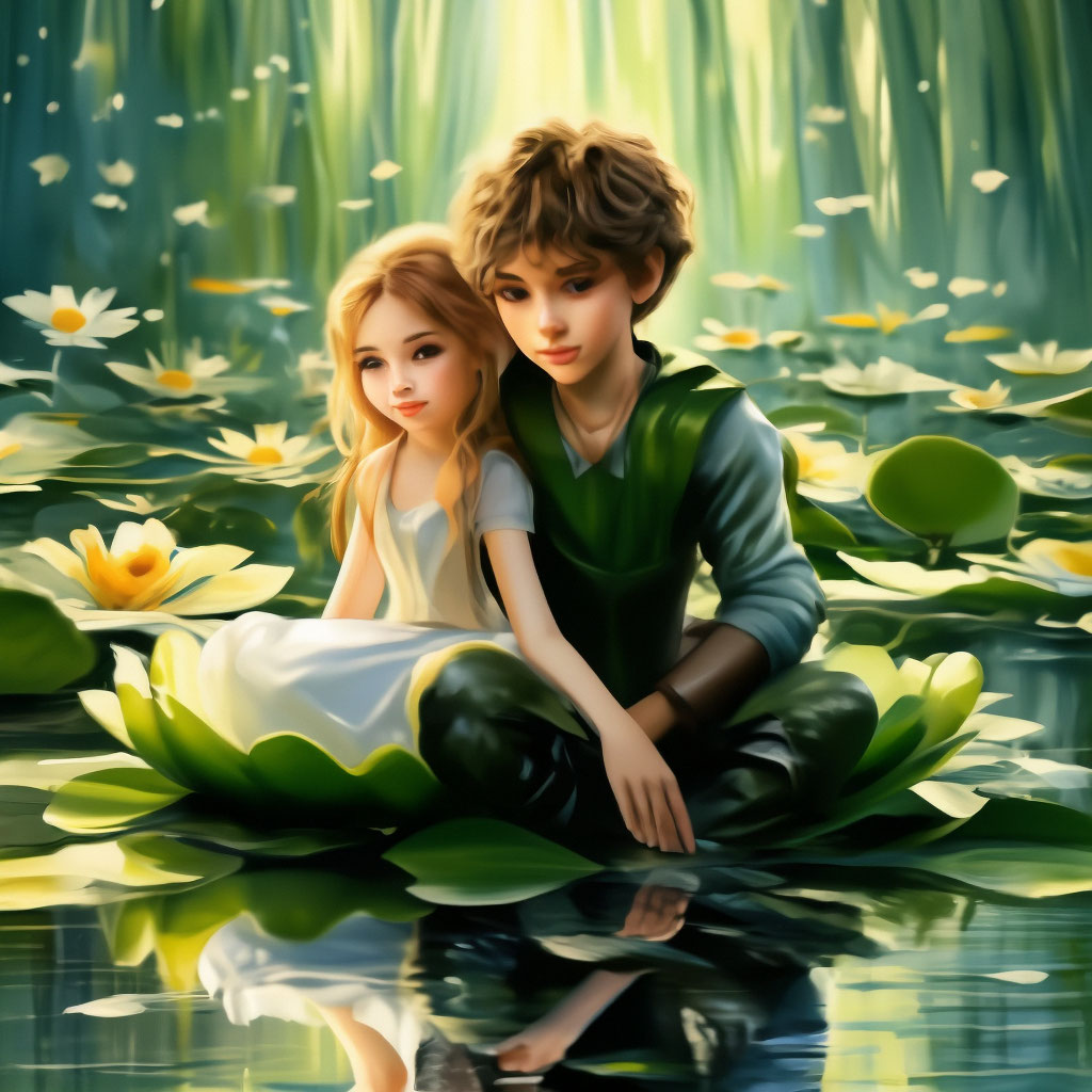 "Thumbelina, a little fairy, sits in a water lily, next to the prince ...