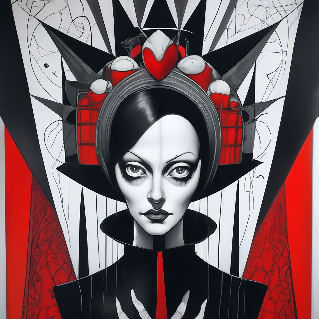 "Queen of symmetry of big eyes, pointed portrait, grotesque, satire ...