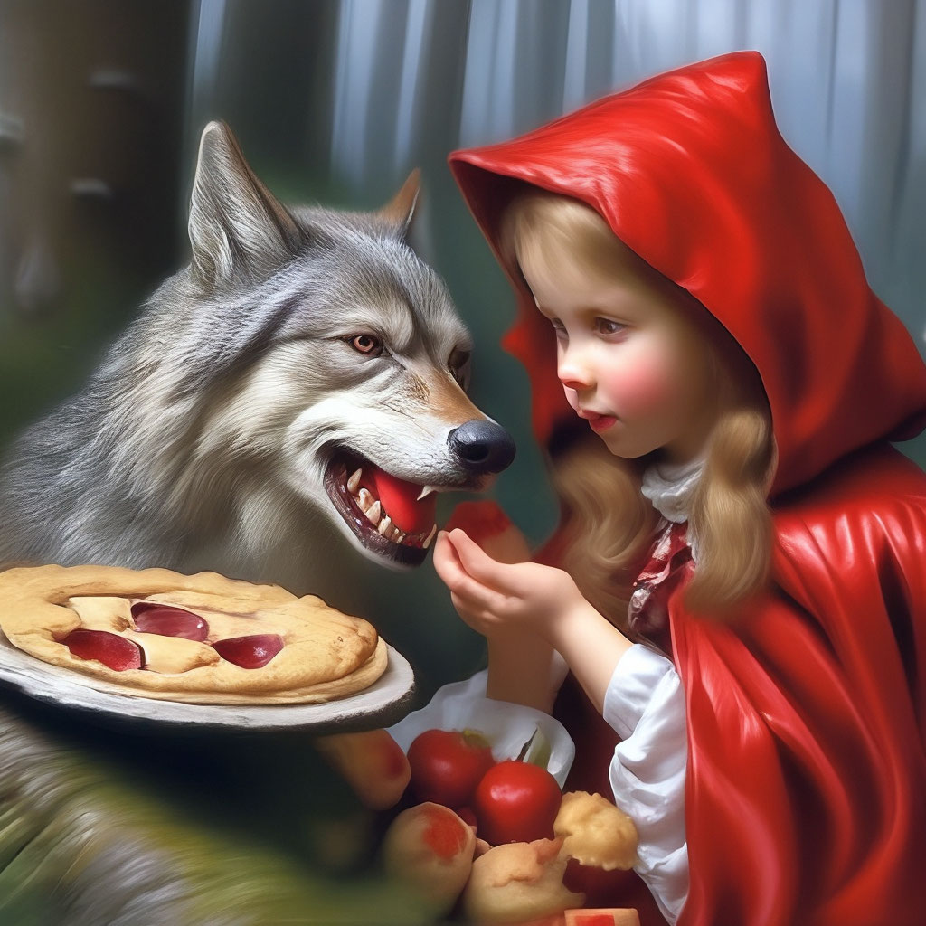 "Little Red Riding Hood feeds the wolf with pies super realistic high ...