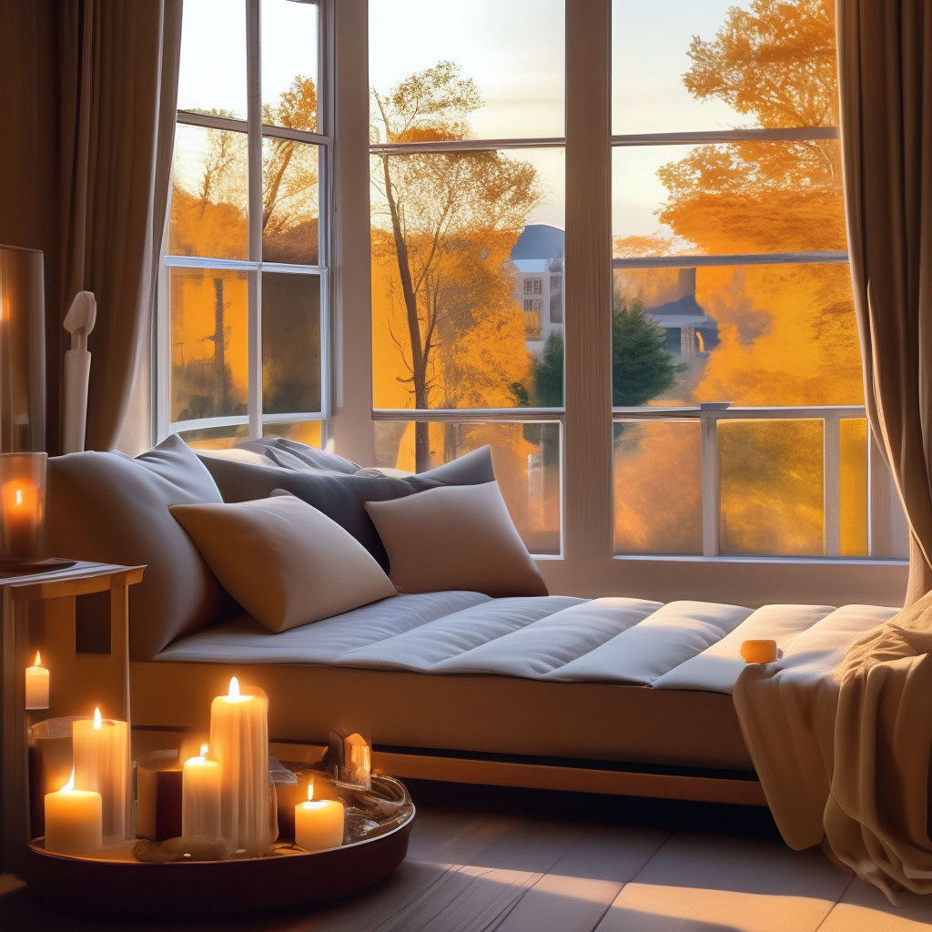 "An open full-length window. Autumn is outside the window. Cozy sunbed ...
