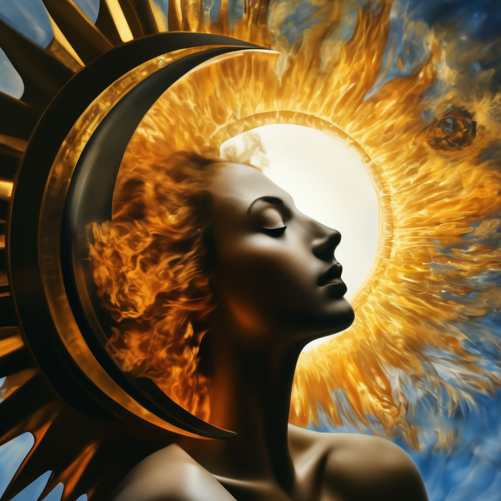 "Man Ray style epic , double universe ,meeting of the moon and the sun ...