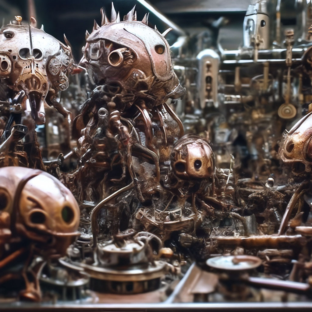 "Filigree detailed creatures in a huge cutting shop. finely drawn ...