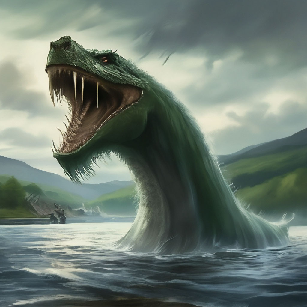 "Loch Ness monster, long neck, sharp teeth, in the water, detail ...