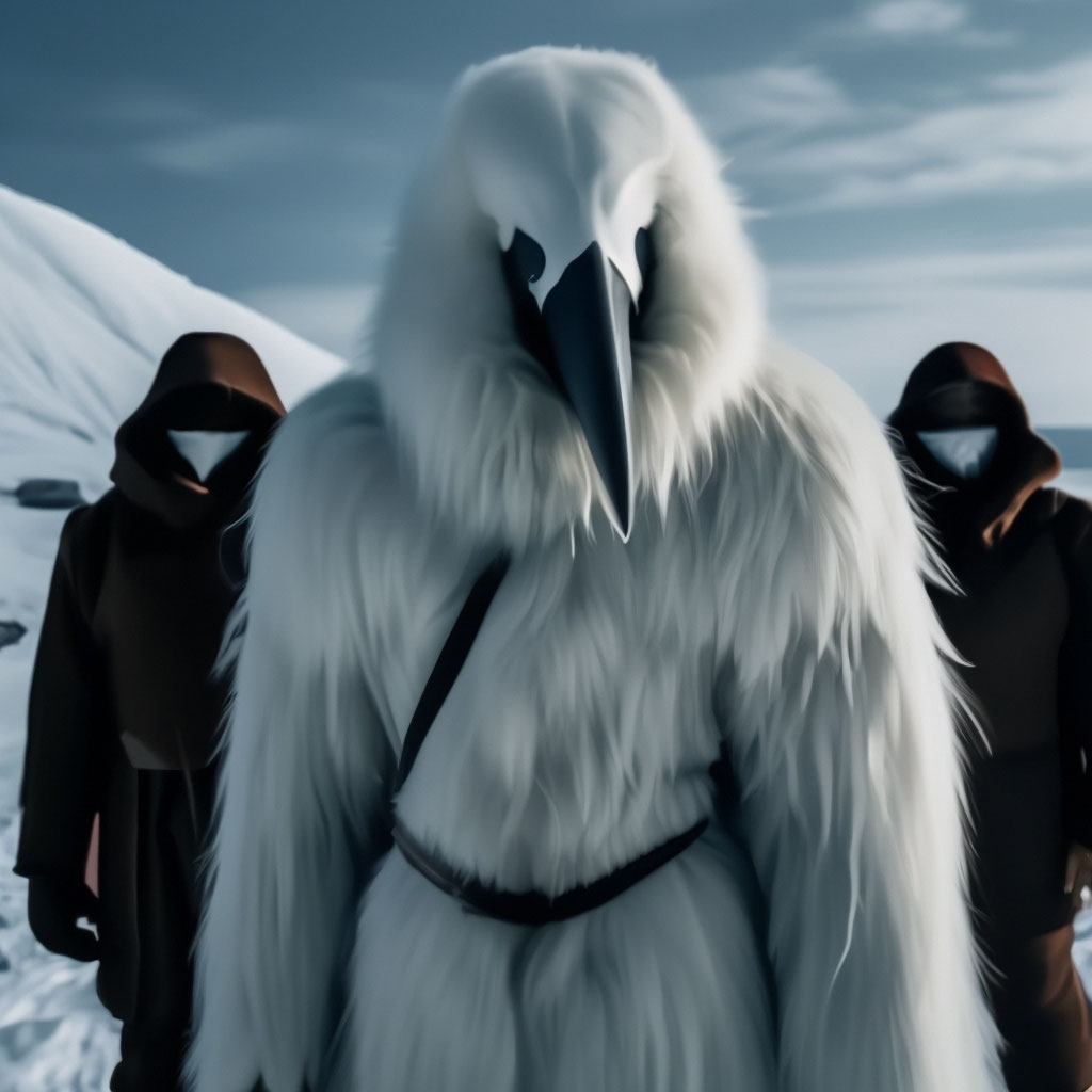 "A giant white human-like mutant bird covered with a huge amount of fur ...