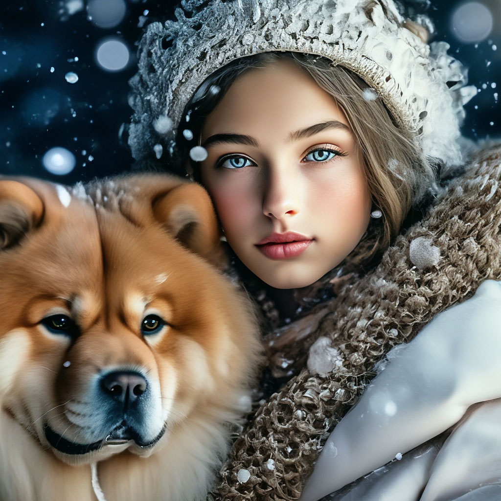 "Hyper realistic,128k,double exposure girl and snow chow-chow long ...