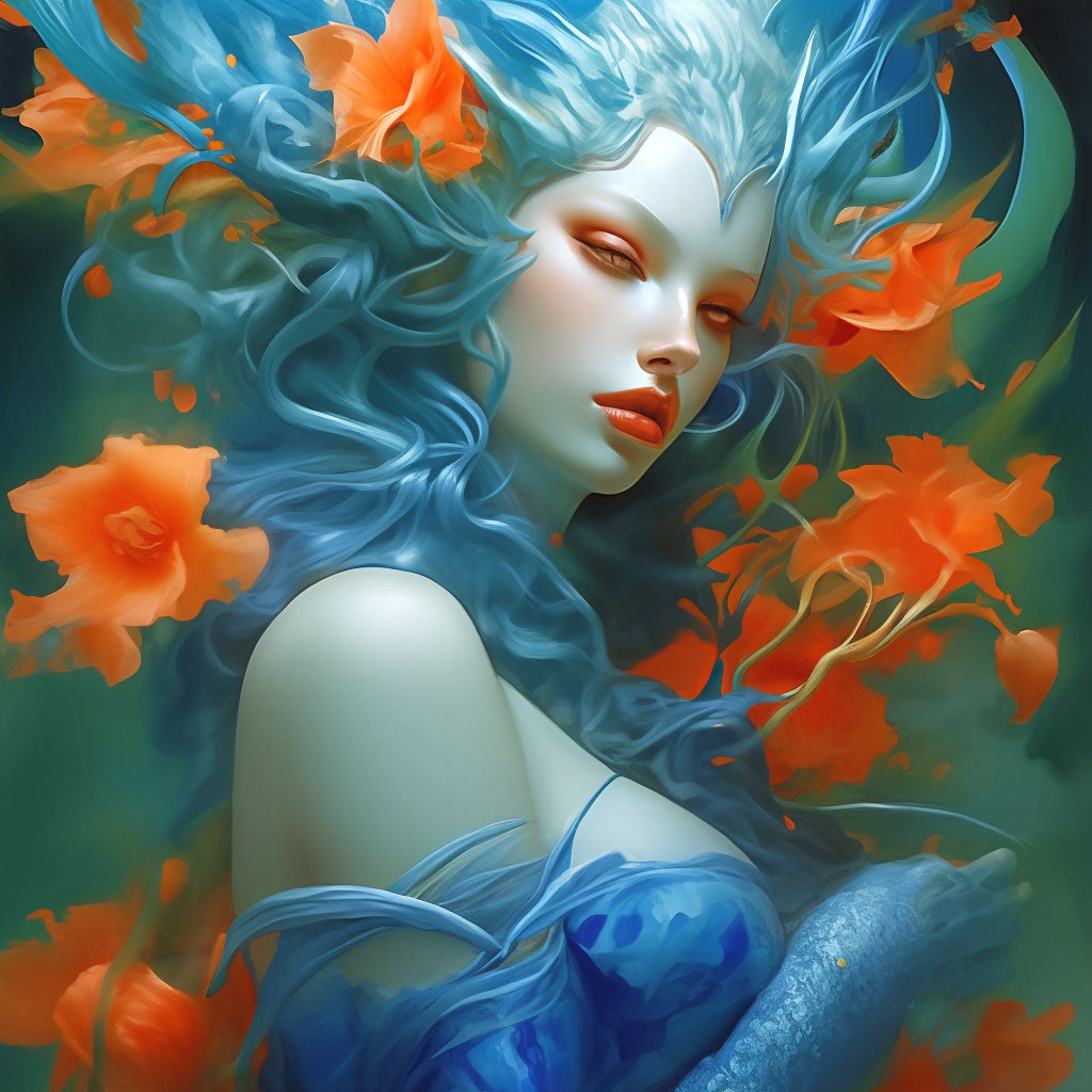 "Hyperrealism,blue maiden mermaid demon in green smoke, orange glowing ...