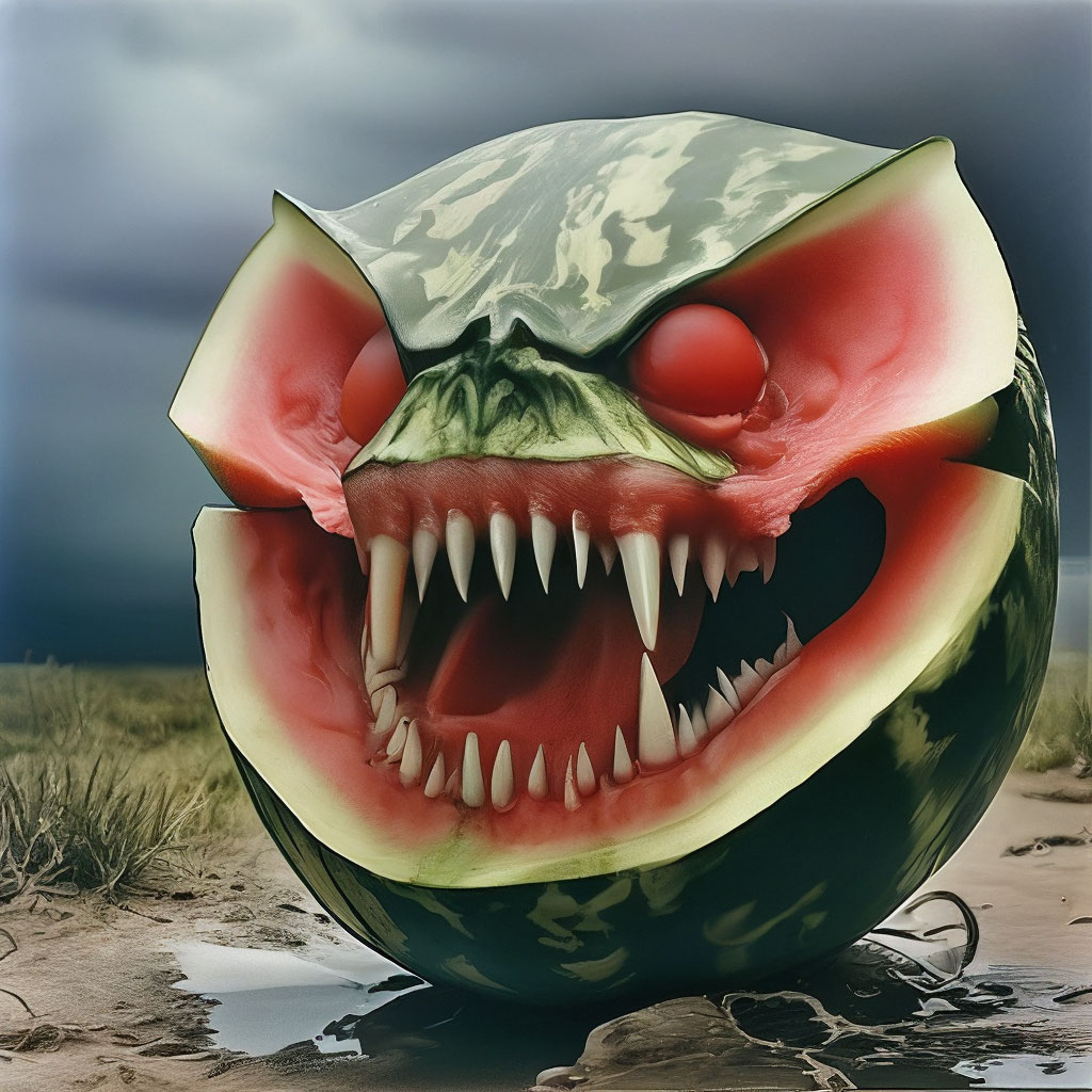 "Scary fanged watermelon" — image created in Shedevrum