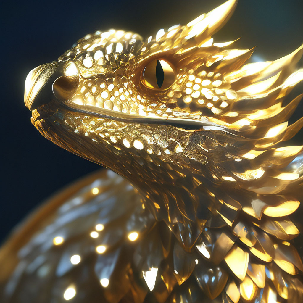"Diamond basilisk with golden plumage, realistic, close-up ...