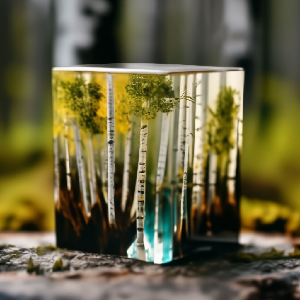 "Birch forest filled in an epoxy resin cube, professional photo, 4k ...