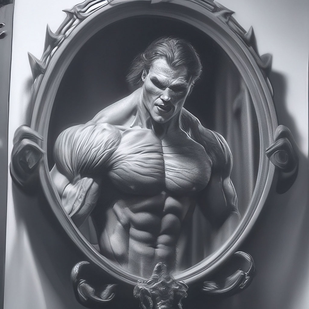 "A muscular brutal vampire looks in the mirror" — image created in Shedevrum