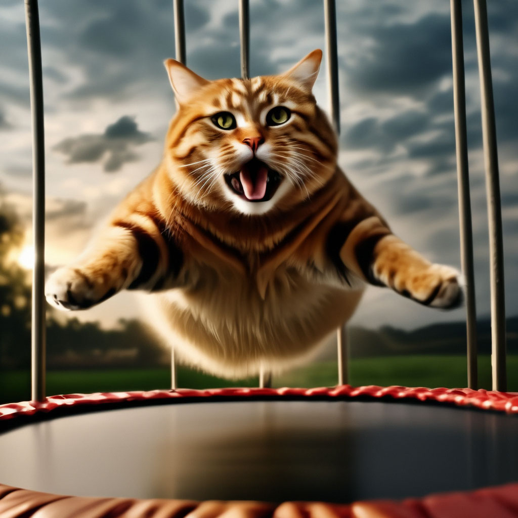 "A fat cat falls with a trampoline" — image created in Shedevrum
