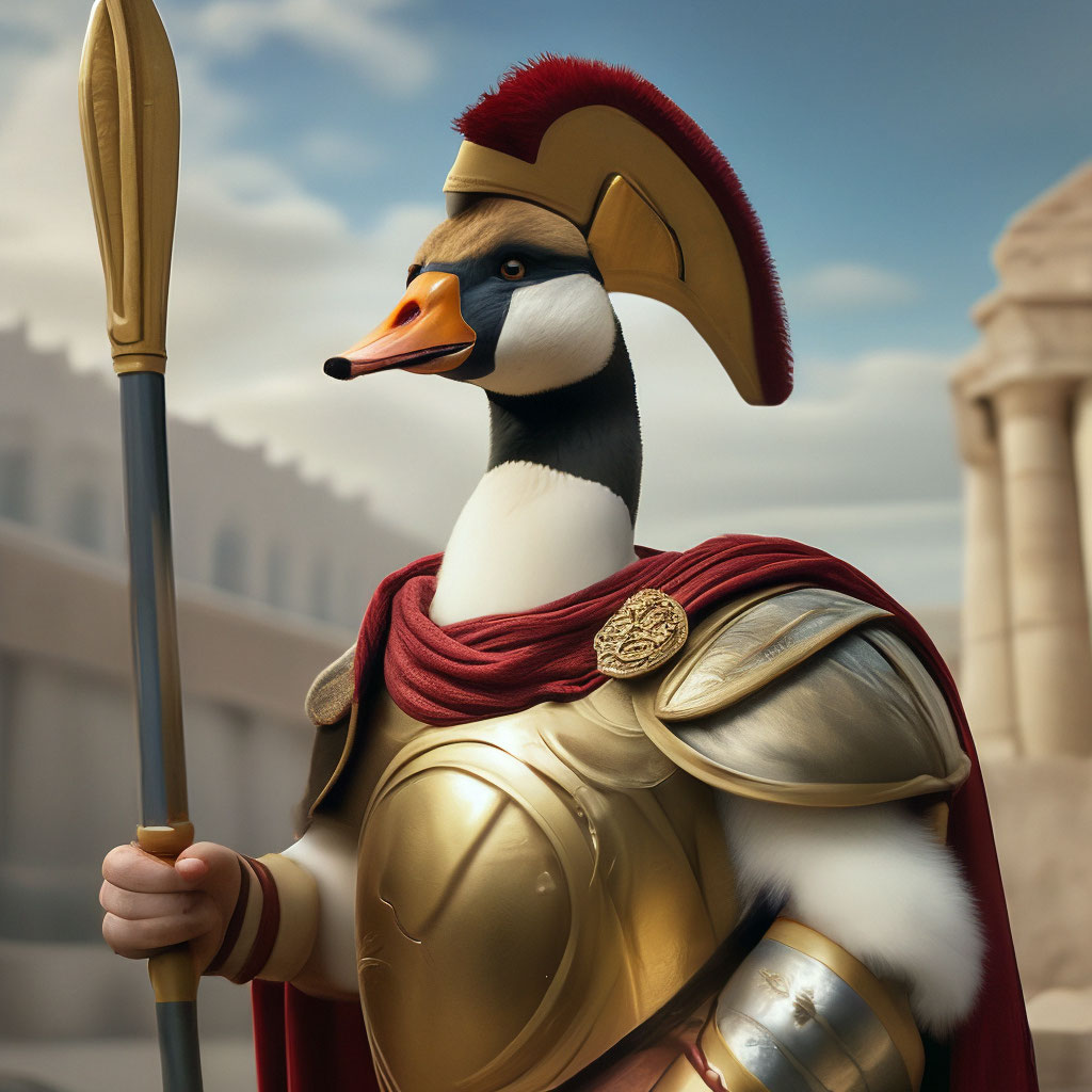 "A goose dressed as a Roman warrior with a spear" — image created in ...