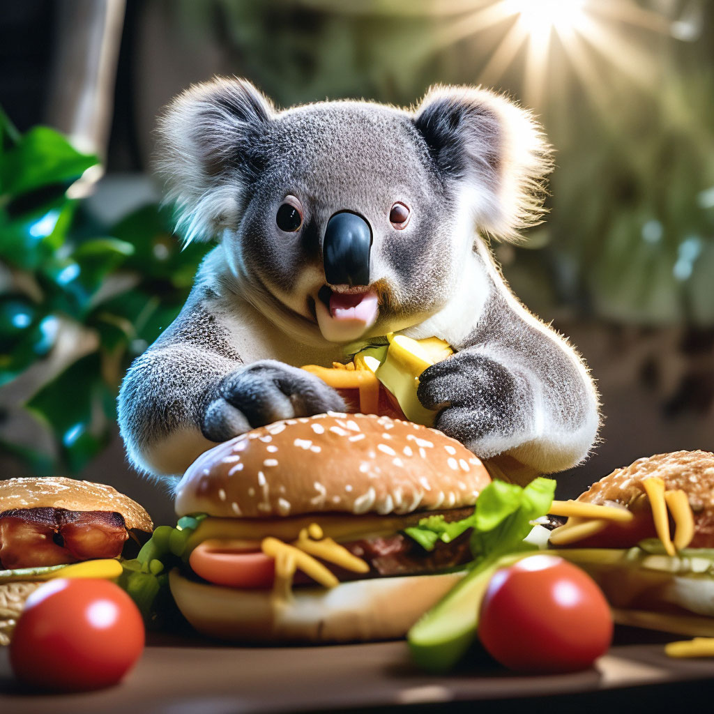 "Koala is fat and lazy, eating burgers" — image created in Shedevrum