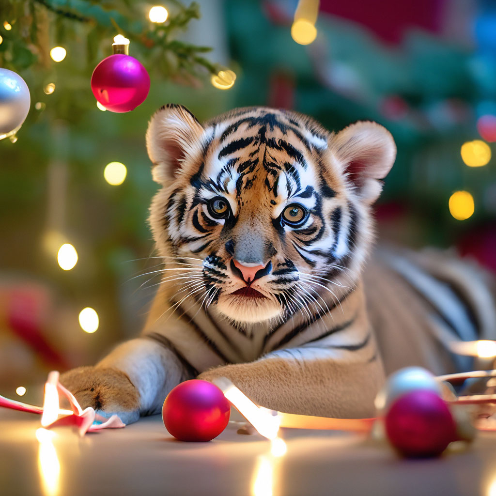 "A very small tiger cub is sitting under a Christmas tree and gnawing ...