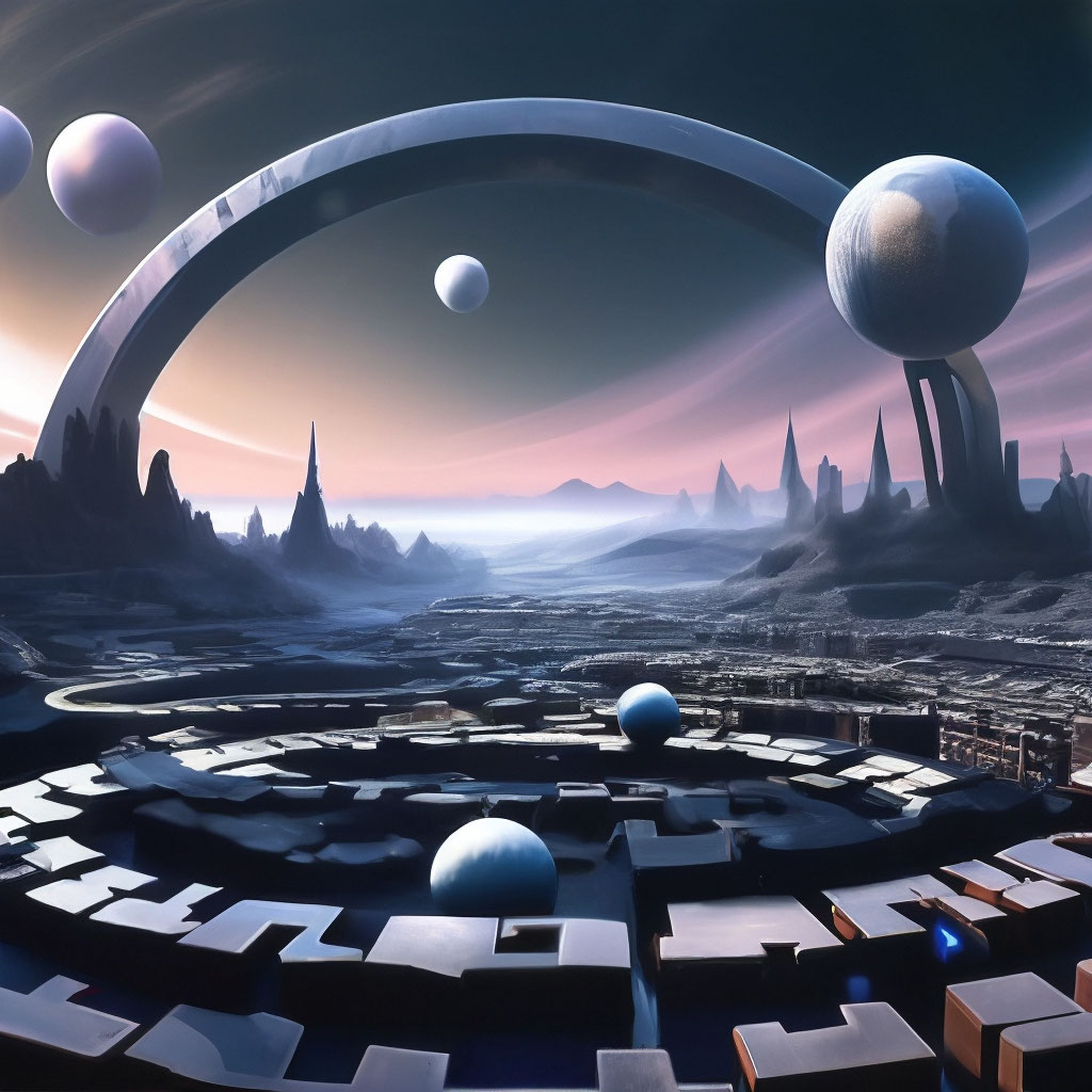 "Alien landscape, planetary rings in the sky, the planet consists only ...