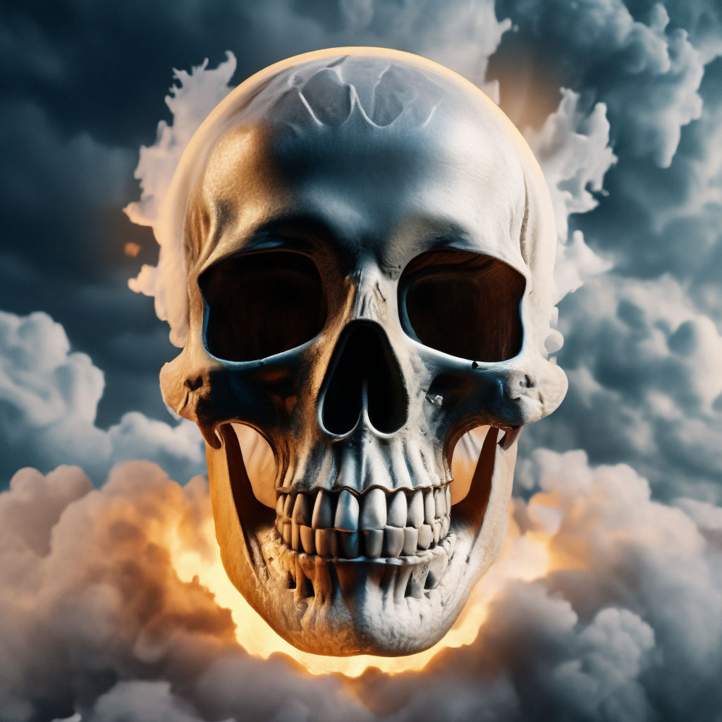 "Epic skull glowing from the inside, anatomical drawing, clouds, white ...