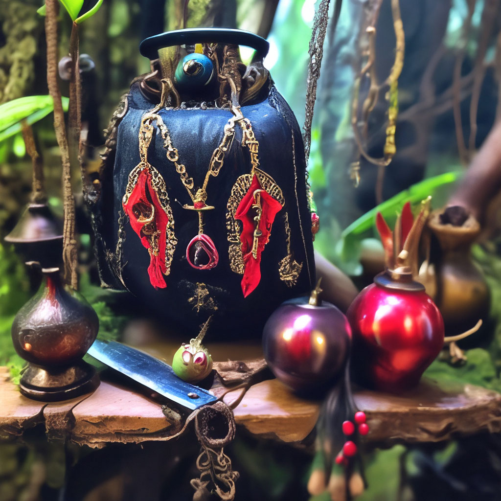 "In an enchanted tropical forest near the roots of a vine, voodoo doll ...